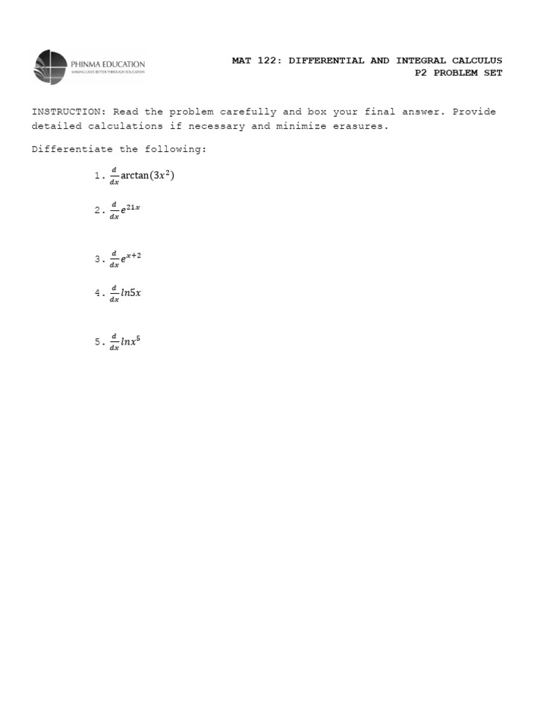 MAT 122 Calculus Problem Set Solutions | PDF