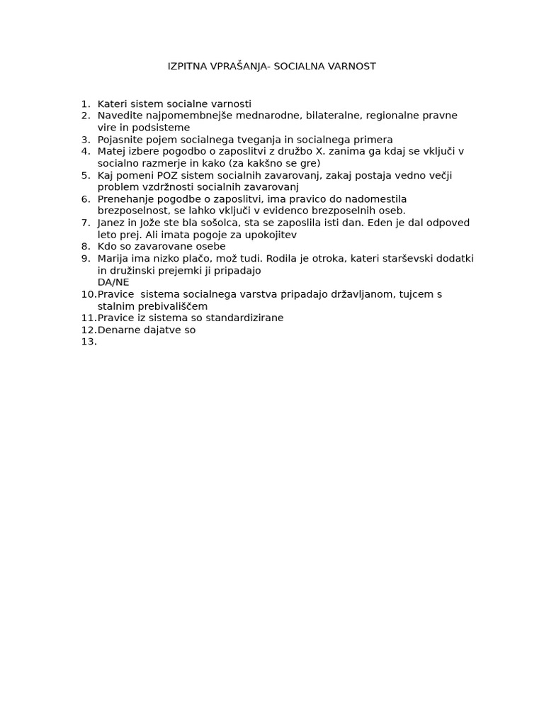 Izpitna Vprašanja Socialna Varnost | PDF