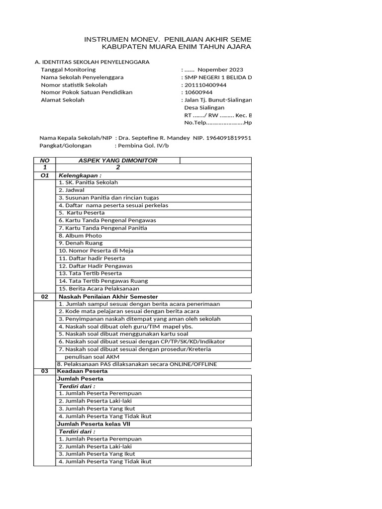 Instrumen Monev Pas 2023 Smpn 1 Bd | PDF