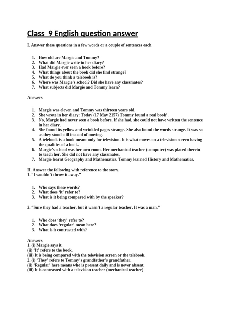 Class 9 English Question Answer | PDF