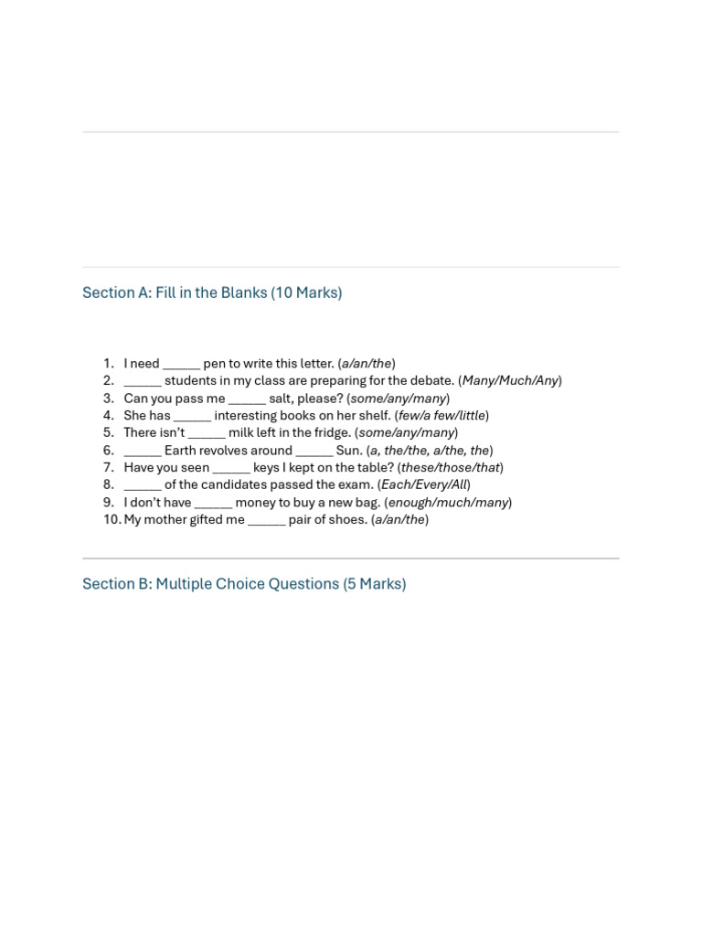 Class IX Determiners Grammar Test | PDF | Language Families | Languages