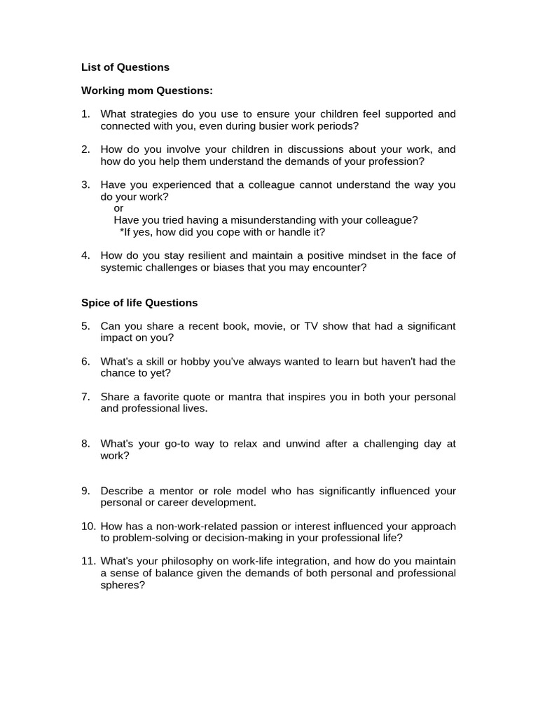 Questions for Working Moms and Life Balance | PDF