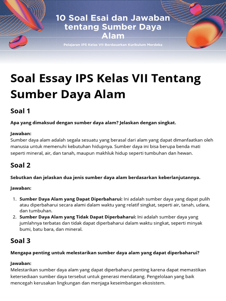 Soal Essay IPS Kelas VII Tentang Sumber Daya Alam | PDF