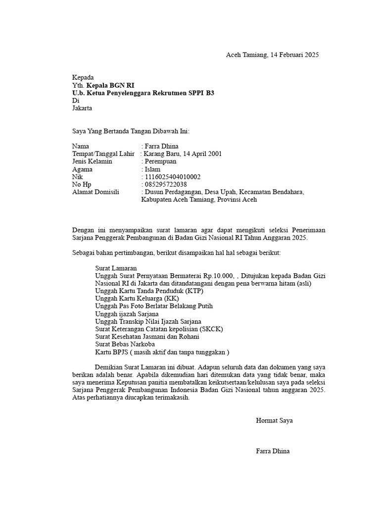 Surat Lamaran SPPI BGN farra | PDF