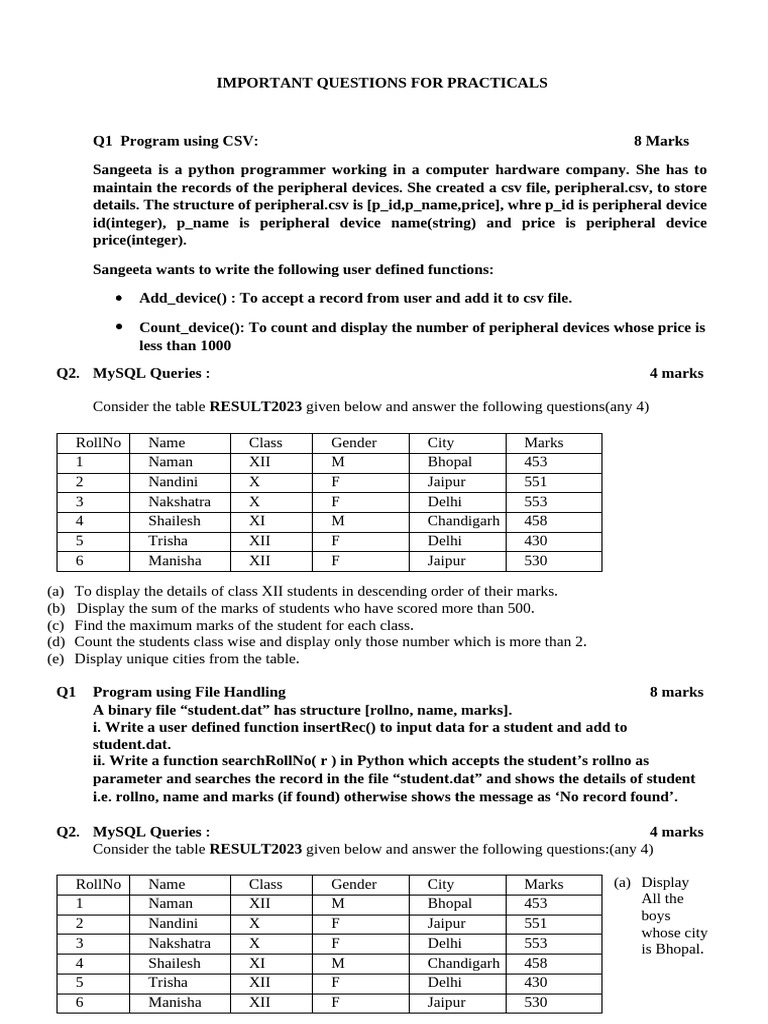 Important Questions Practicals | PDF | Computing | Computer Programming