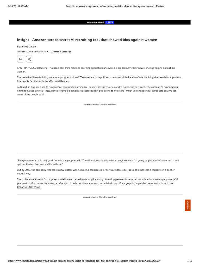 Insight - Amazon Scraps Secret AI Recruiting Tool That Showed Bias ...