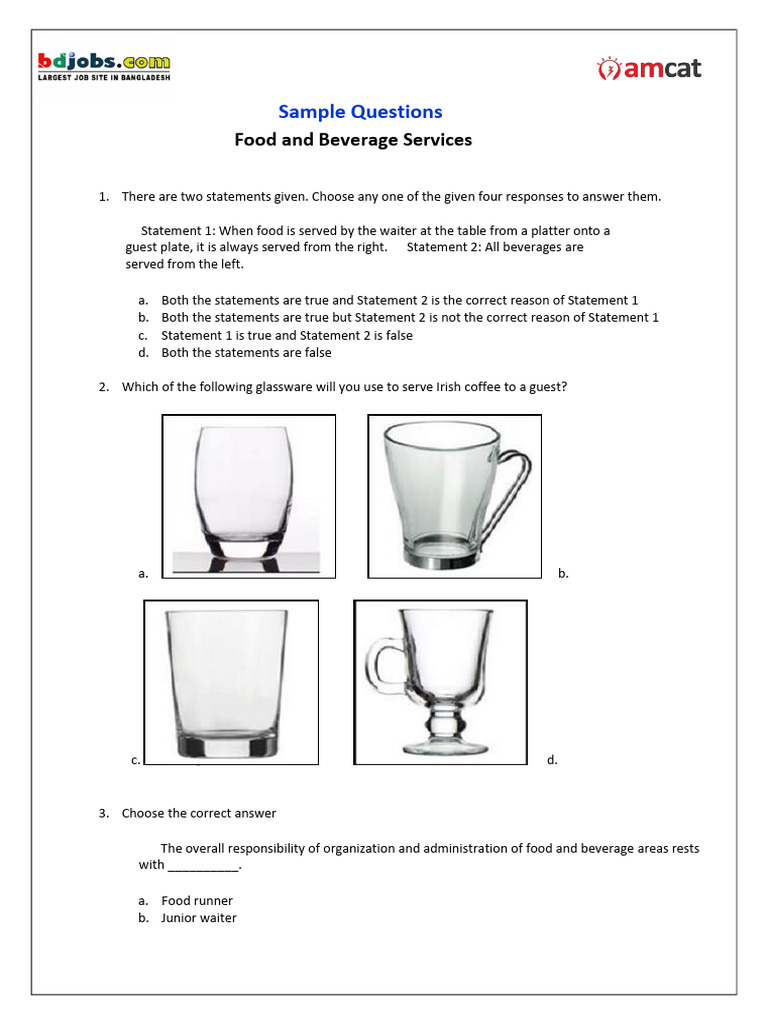 Food and Beverage Service Quiz Questions | PDF