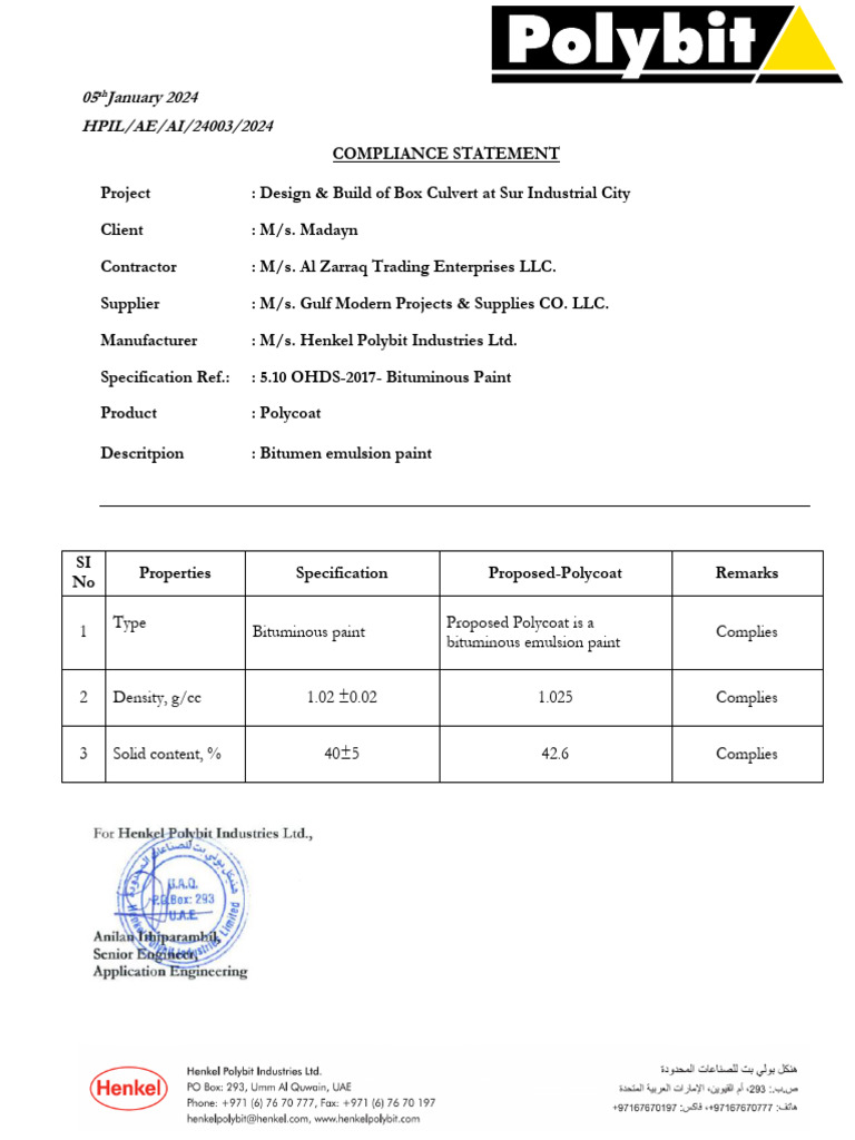 Compliance Statement Polycoat Prasanna | PDF