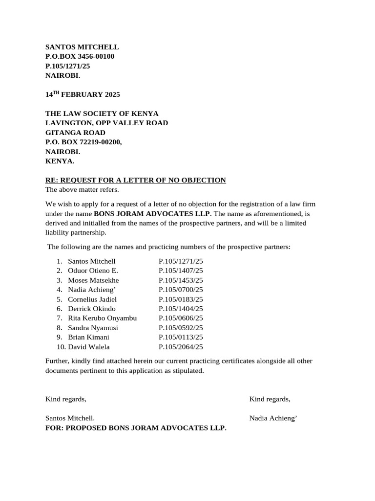Letter Requesting Letter of No Objection From The LSK | PDF
