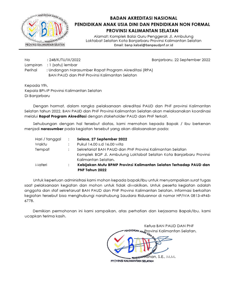 248 - Undangan Narsum RPA - BPMP Kalsel | PDF