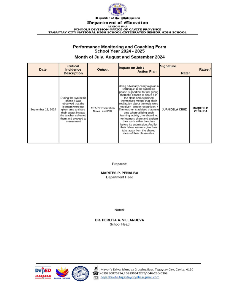 SAMPLE Coaching Form 2024 1stQ | PDF | Learning | Cognition