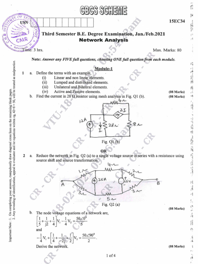 VTU Question Paper of 15EC34 Network Analysis Jan-2021 | PDF