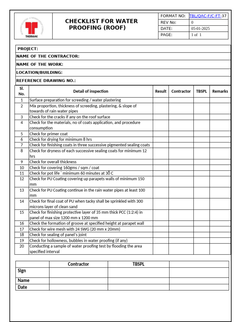 l4_tbl Qac Fc Ft 37_checklist for Water Proofing (Roof) | PDF