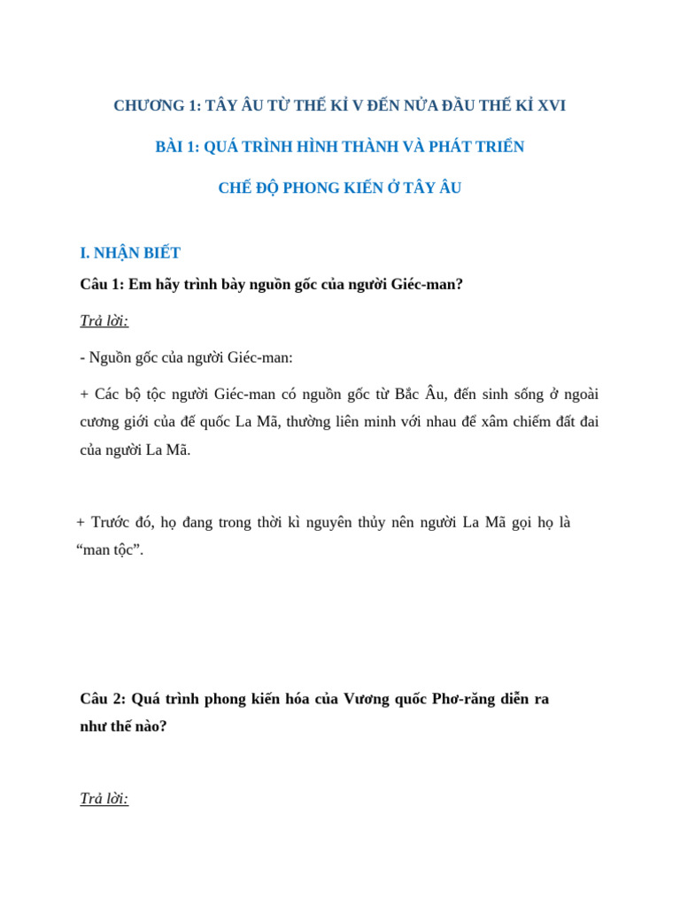 TL - Lich Su 7 - CD - Bai 1 - Qua Trinh Hinh Thanh Va Phat Trien Che Do Phong Kien o Tay Au | PDF