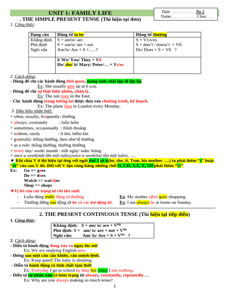 1 - UNIT 1 - NO KEYS - Thầy Phú Cương | PDF | Family | Living Arrangements