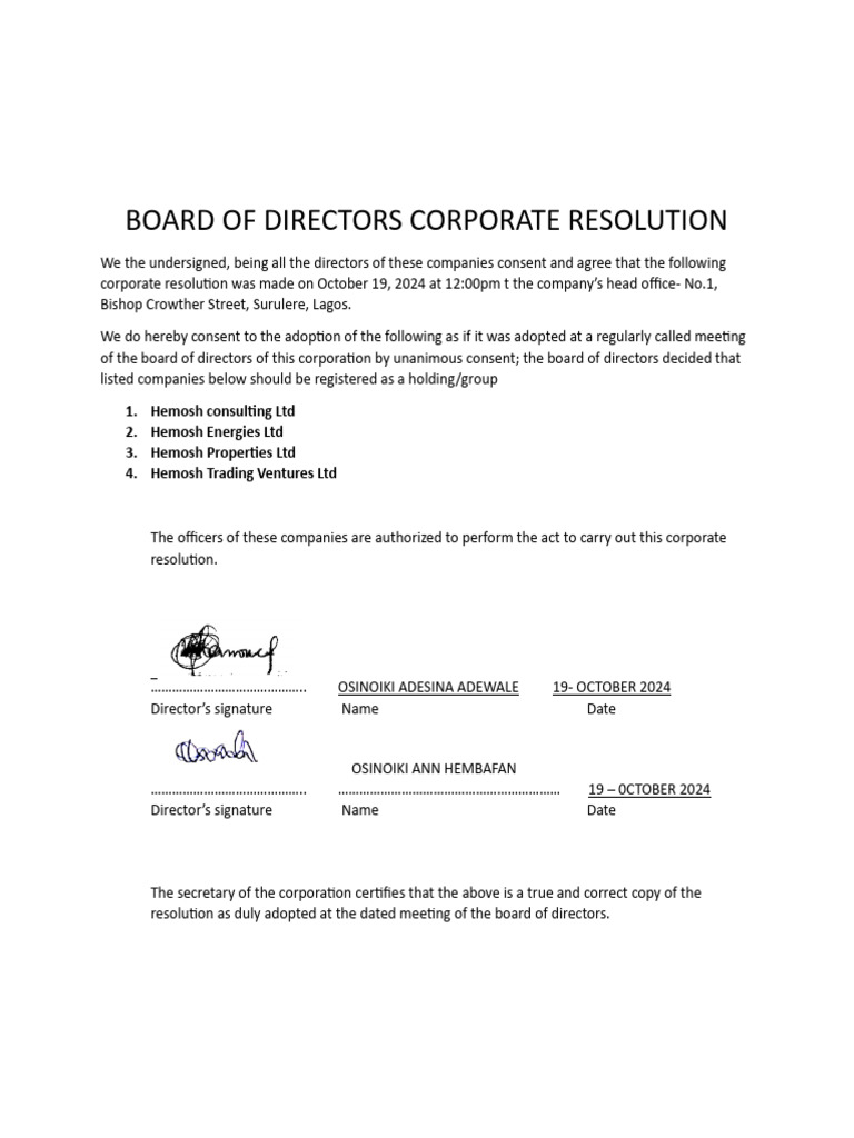 Corporate Resolution for Holding Companies | PDF
