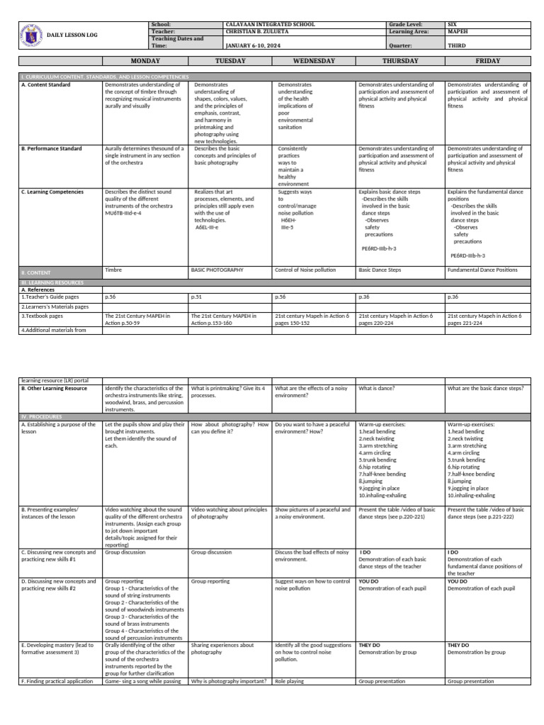 DLL_MAPEH 6_Q3_W5 | PDF | Dances | Sound