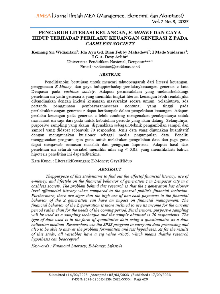 Pengaruh Literasi Keuangan, E-Money Dan Gaya Hidup Terhadap Perilaku Keuangan Generasi Z Pada ...
