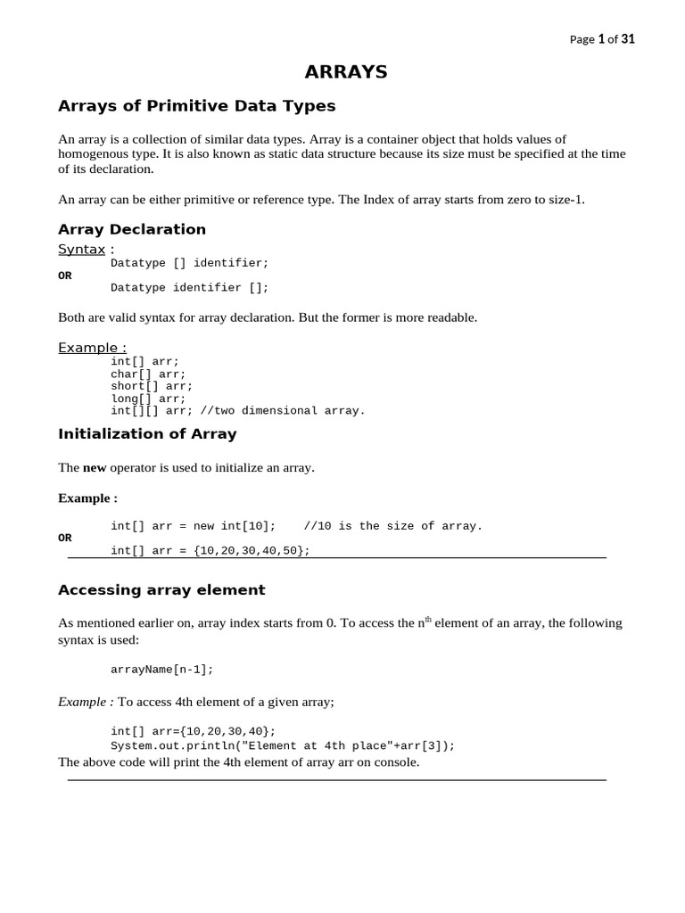 Java Arrays: Declaration, Initialization, and Usage | PDF | Data Type | Computer Science
