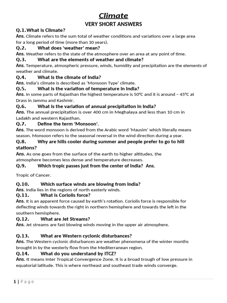 Xam Idea Geography Solutions Class 9 Chapter 4 Climate | PDF | Monsoon ...