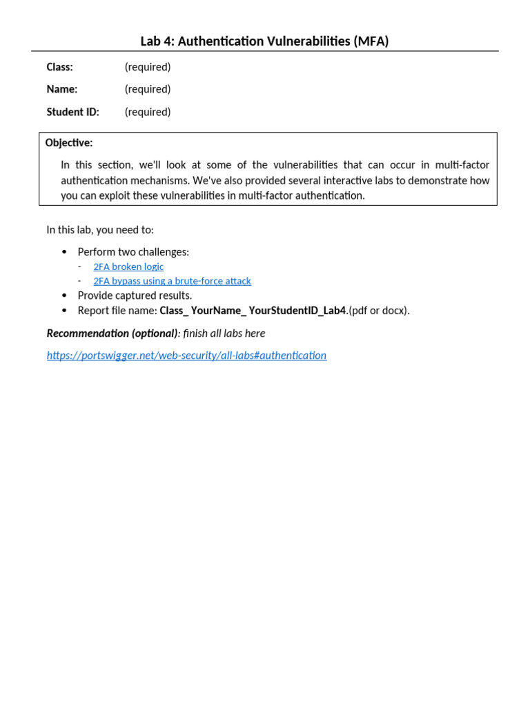 Lab 4 - Authentication Vulnerabilities (MFA) | PDF