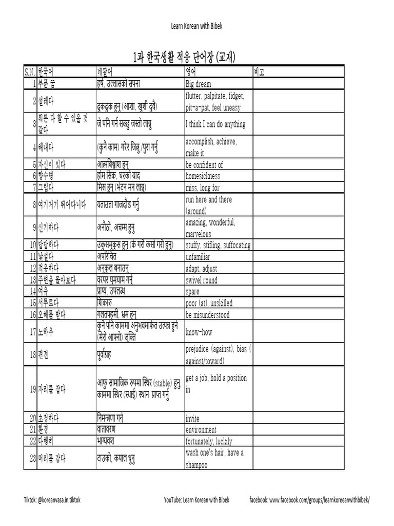 1과 단어장 (Learn Korean with Bibek) | PDF | Psychology