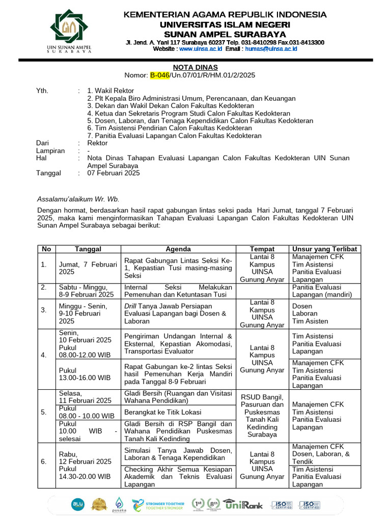 (DRAFT) Nota Dinas Tahapan Evaluasi Lapangan CFK UINSA | PDF