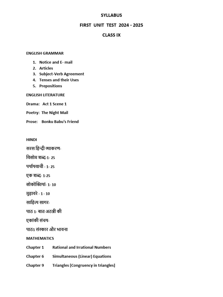 Class IX First Unit Test Syllabus 2024 | PDF