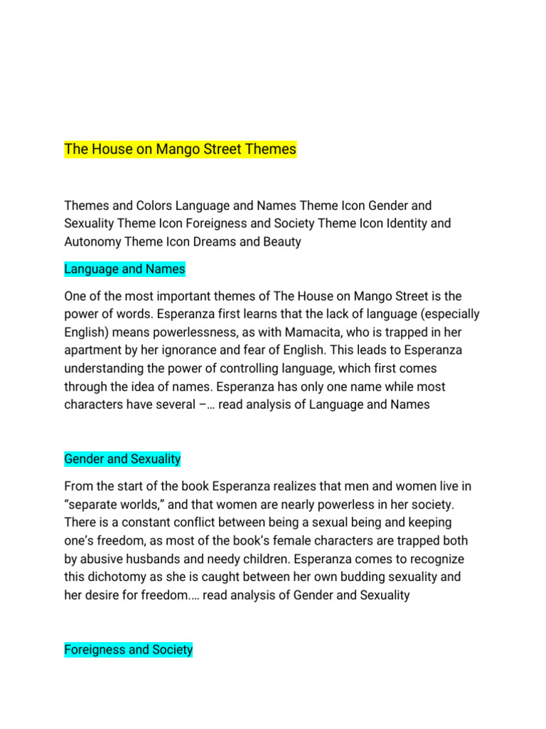 Themes of The House On Mango Street | PDF