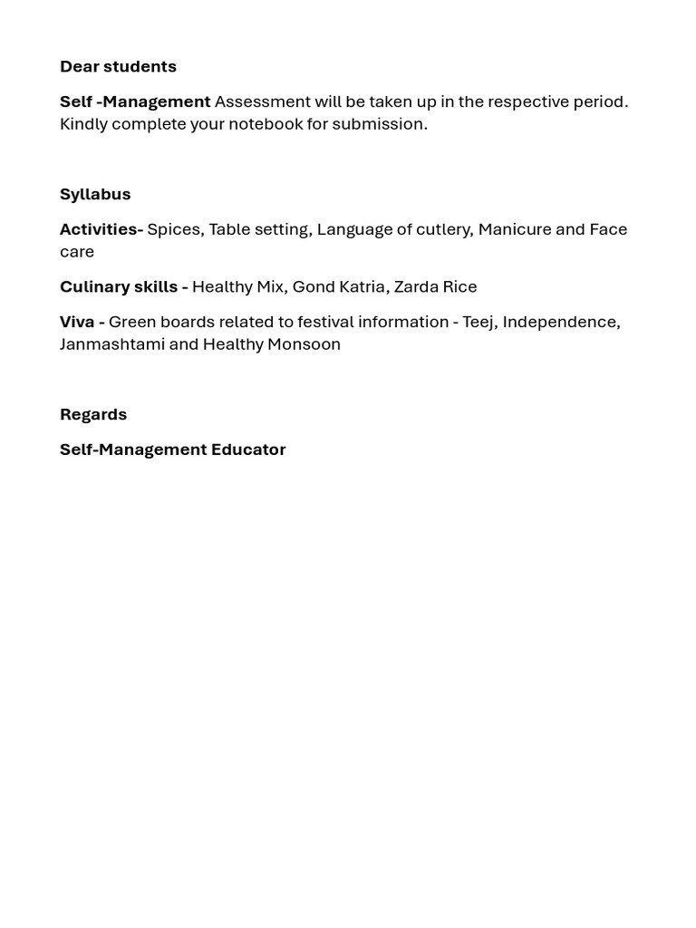 Self-Management Assessment Syllabus | PDF