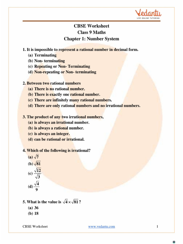 Class 9 Maths Number System Worksheets | PDF