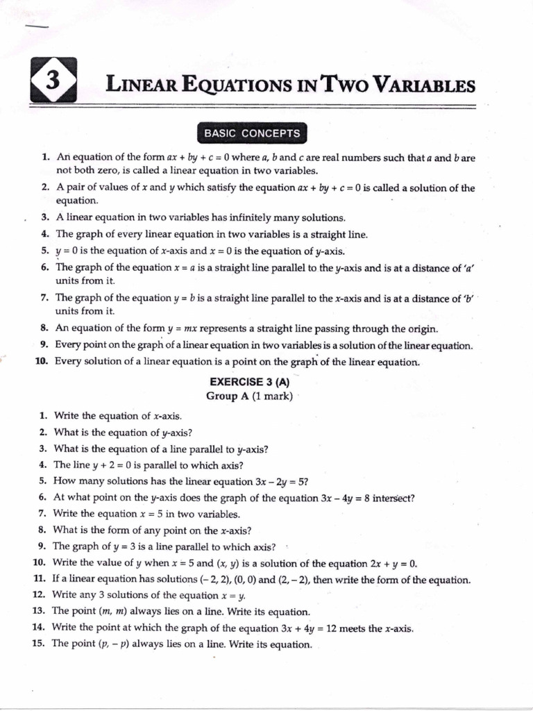 Linear Equation in Two Variable Worksheet | PDF