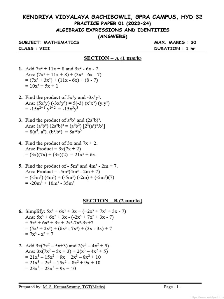 Class 8 Algebraic Expressions Test Paper | PDF | Mathematics | Algebra