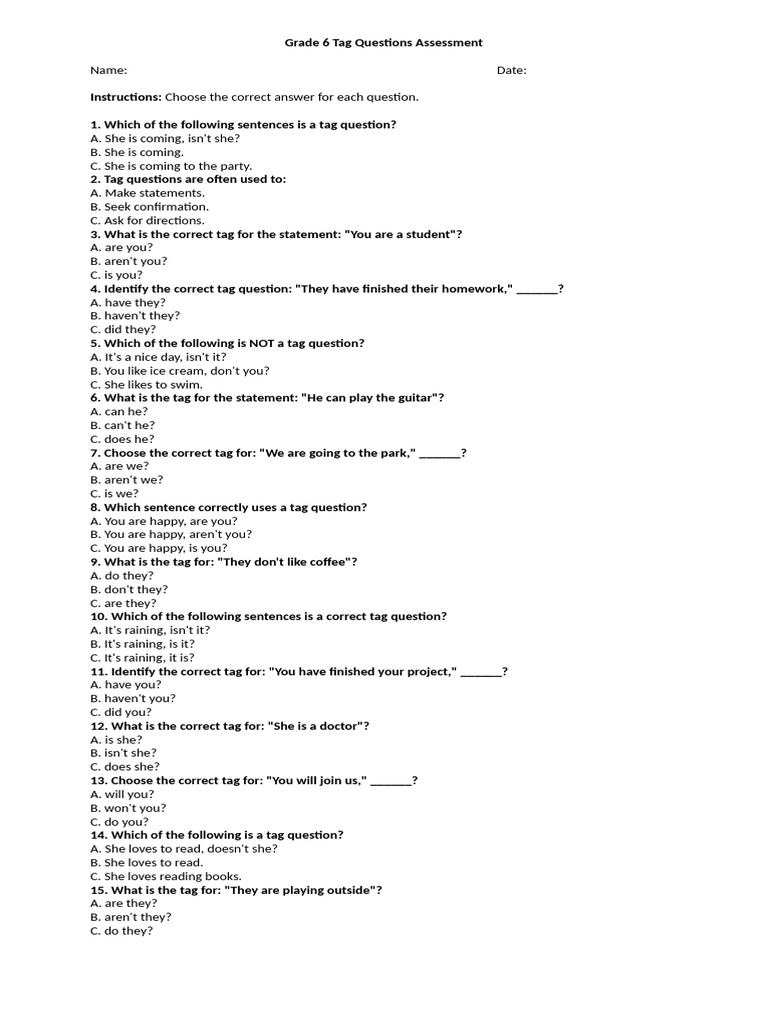 Grade 6 Tag Questions - Quiz | PDF