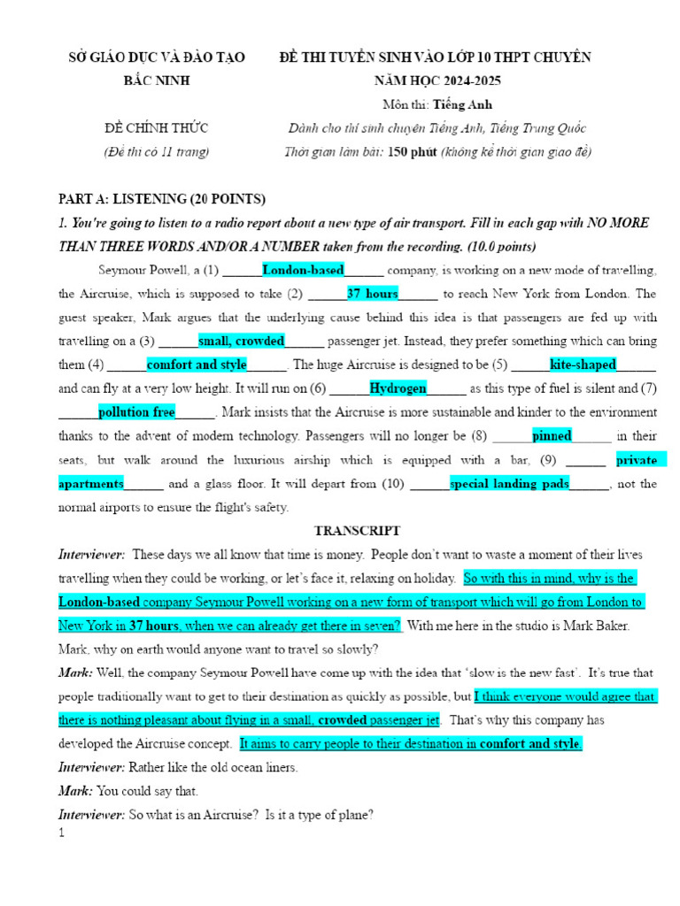 Dap An de Thi Chuyen Anh Bac Ninh 2024 2025docx - 1600 - PDF - Gdrive.vip | PDF