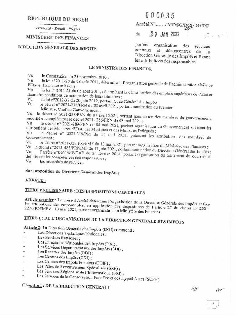 Arrete N°00035 Portant Organisation Dgi | PDF