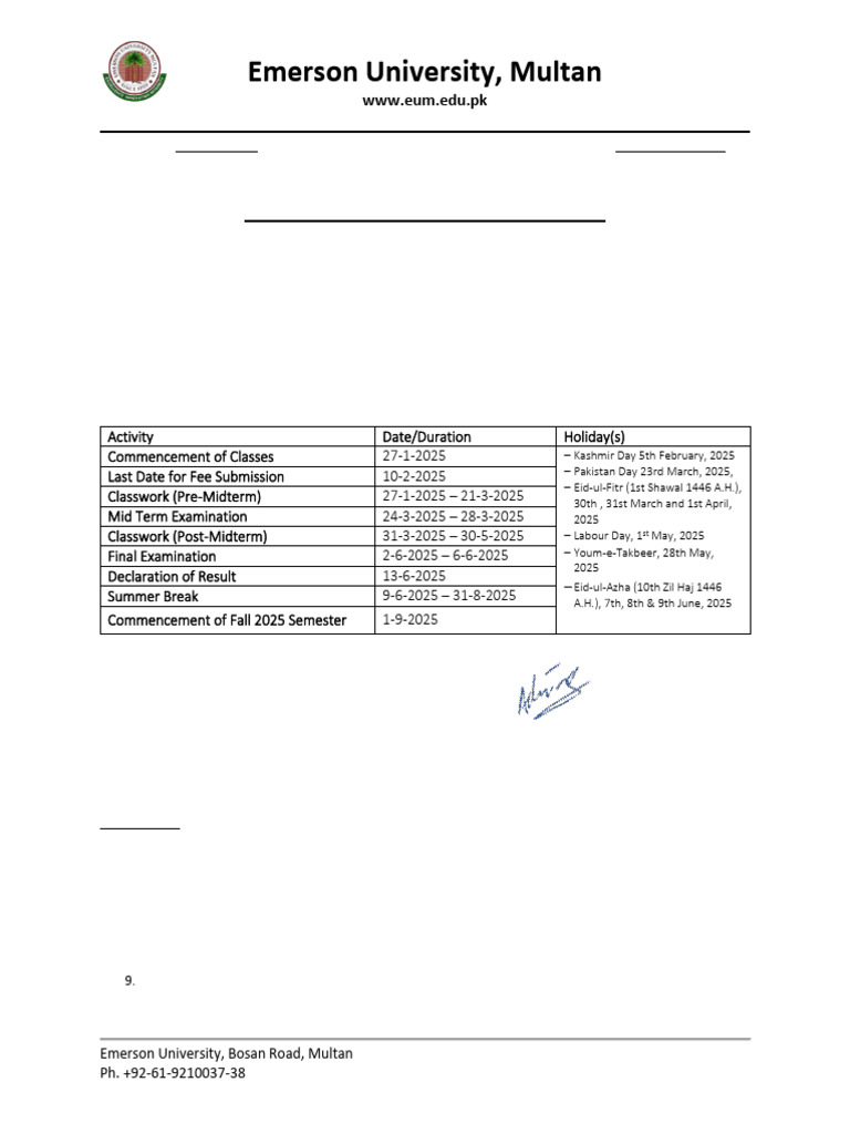 EUM Academic Calendar Spring 2025 (Semester 2 Onwards) | PDF | Academic ...