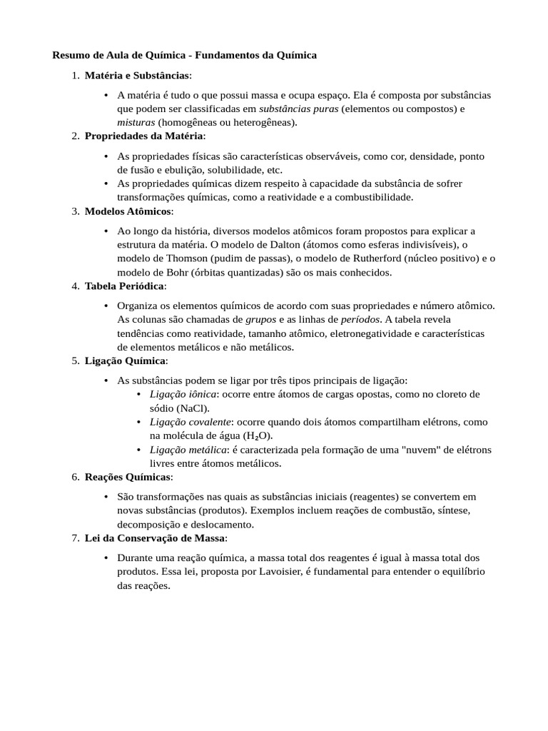 Fundamentos da Química: Resumo Essencial | PDF