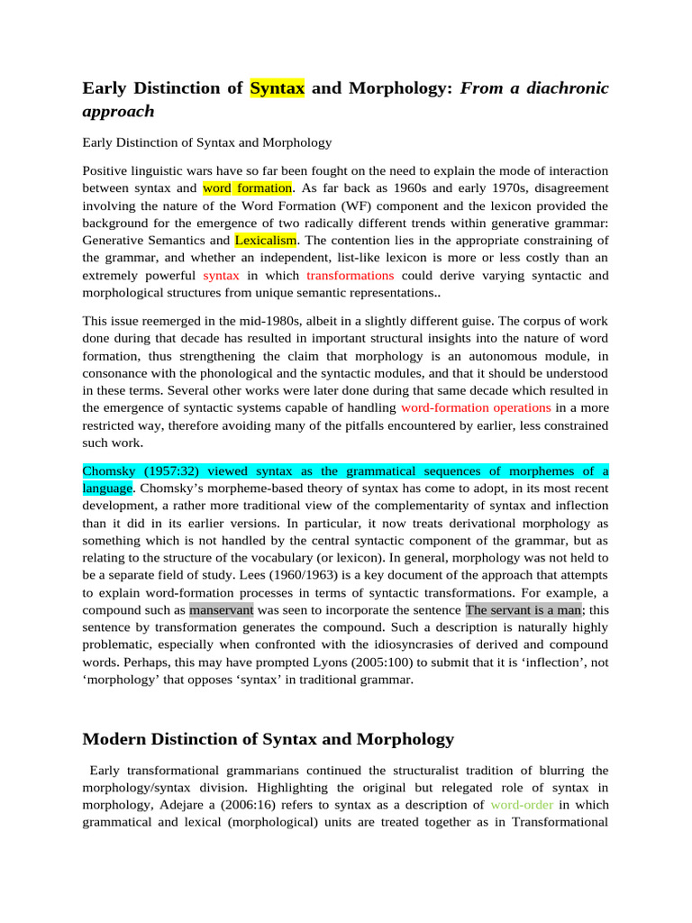 Early Distinction of Syntax and Morphology | PDF | Morphology (Linguistics) | Syntax