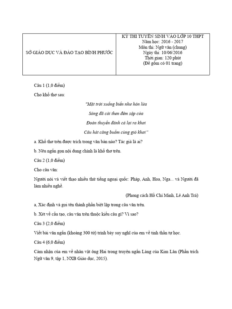 De Thi Tuyen Sinh Vao Lop 10 Mon Ngu Van So GD DT Binh Phuoc | PDF