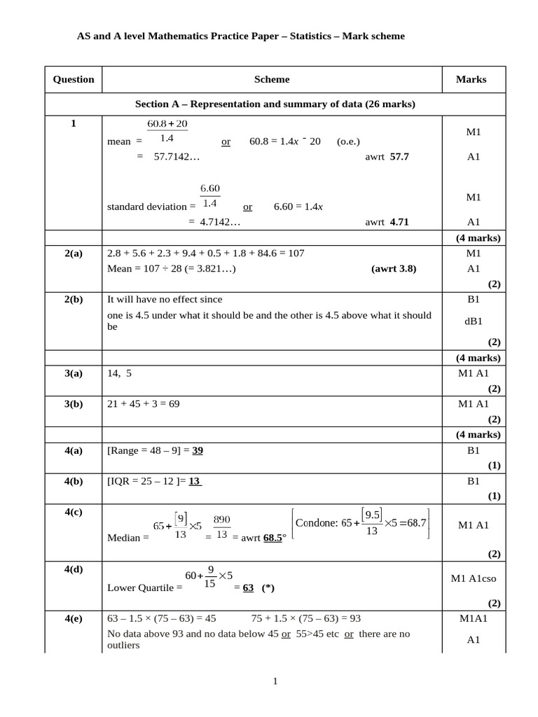 AS Mathematics - Practice Paper - Statistics MS | PDF | Statistics ...