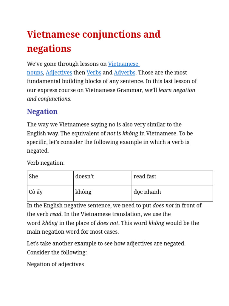 Vietnamese Conjunctions and Negations | PDF | Adjective | Verb