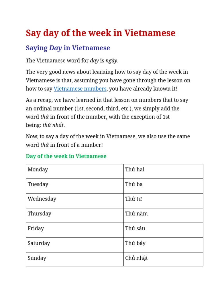Vietnamese Days of the Week Explained | PDF | Linguistics