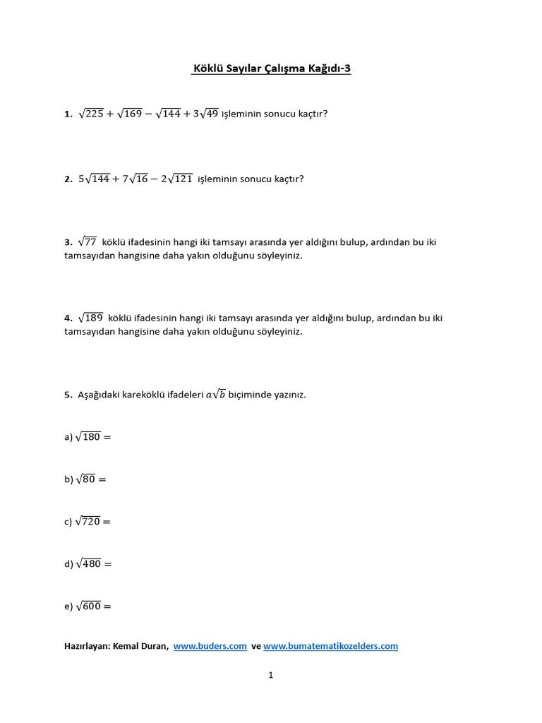9.sinif Koklu Sayilar Calisma Kagidi 3 | PDF
