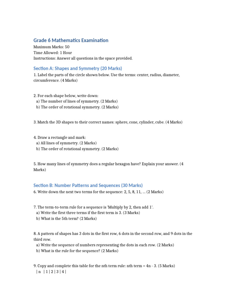 Grade6 Math Exam | PDF