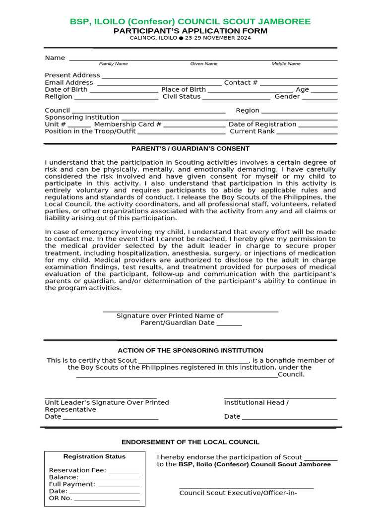 Boy Scout Jamboree Participants-Application-Form | PDF | Boy Scouts Of ...