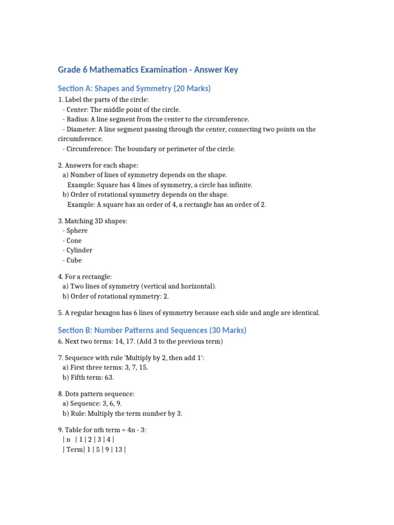 Grade 6 Math Exam Answer Key | PDF