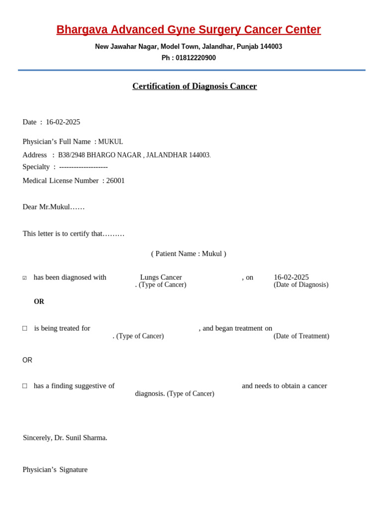 Cancer Diagnosis Confirmation Letter | PDF