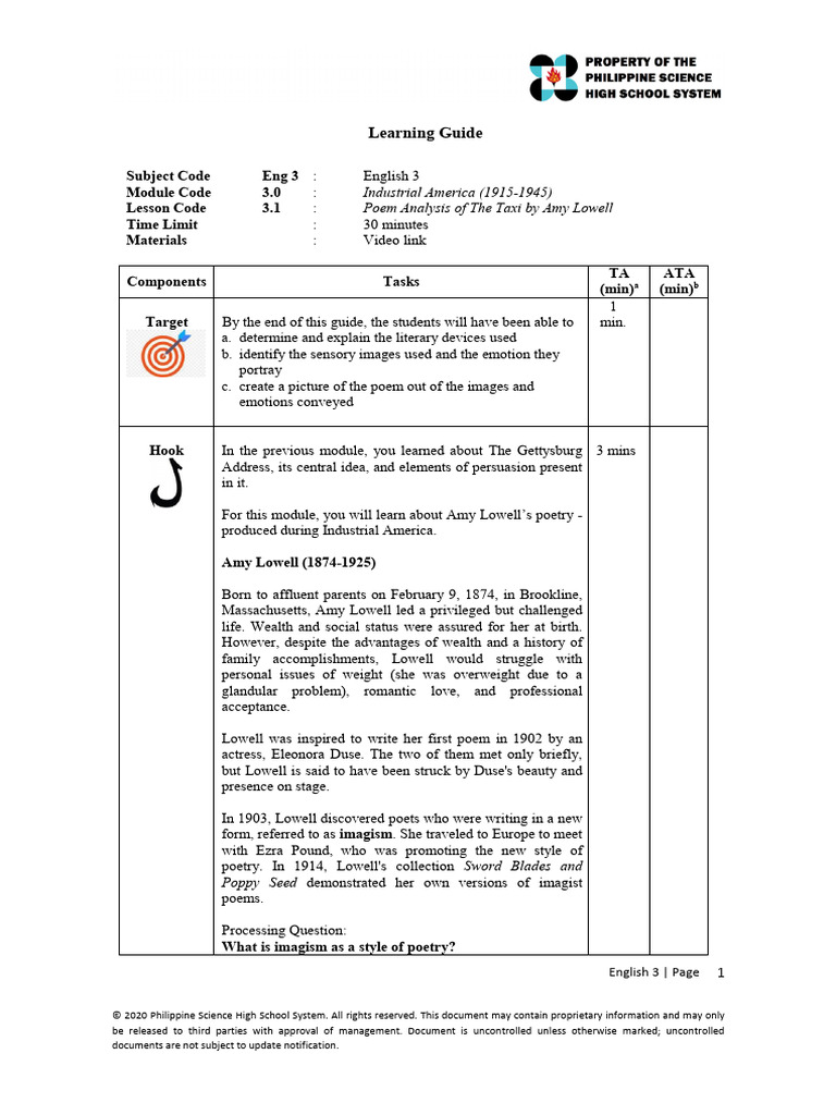 SLG 3.1 Poem Analysis of The Taxi by Amy Lowell | PDF | Poetry