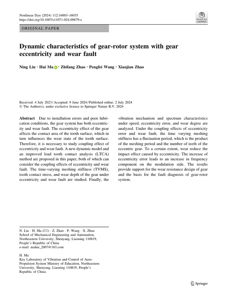Dynamic characteristics of gear-rotor system with gear | PDF | Gear | Wear